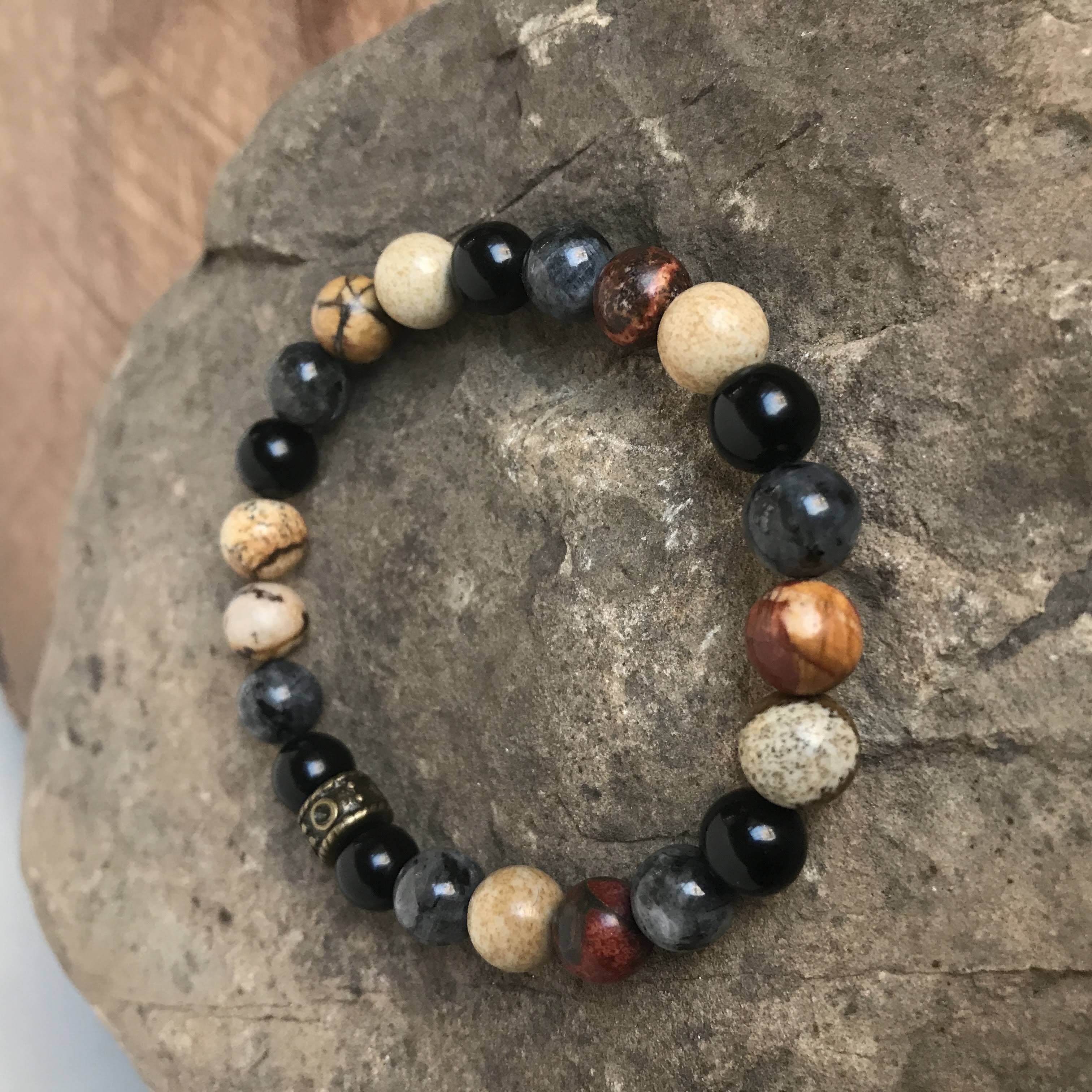 Jasper, Obsidian & Larvikite Bead Bracelet – White Feather Tarot